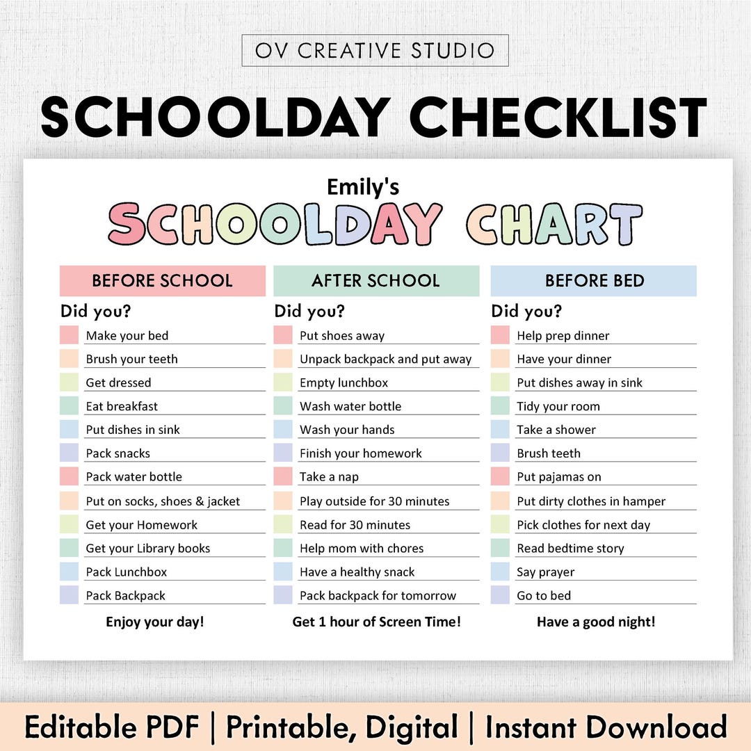 Editable Schoolday Checklist for Kids | Printable | Kids Chore Chart ...