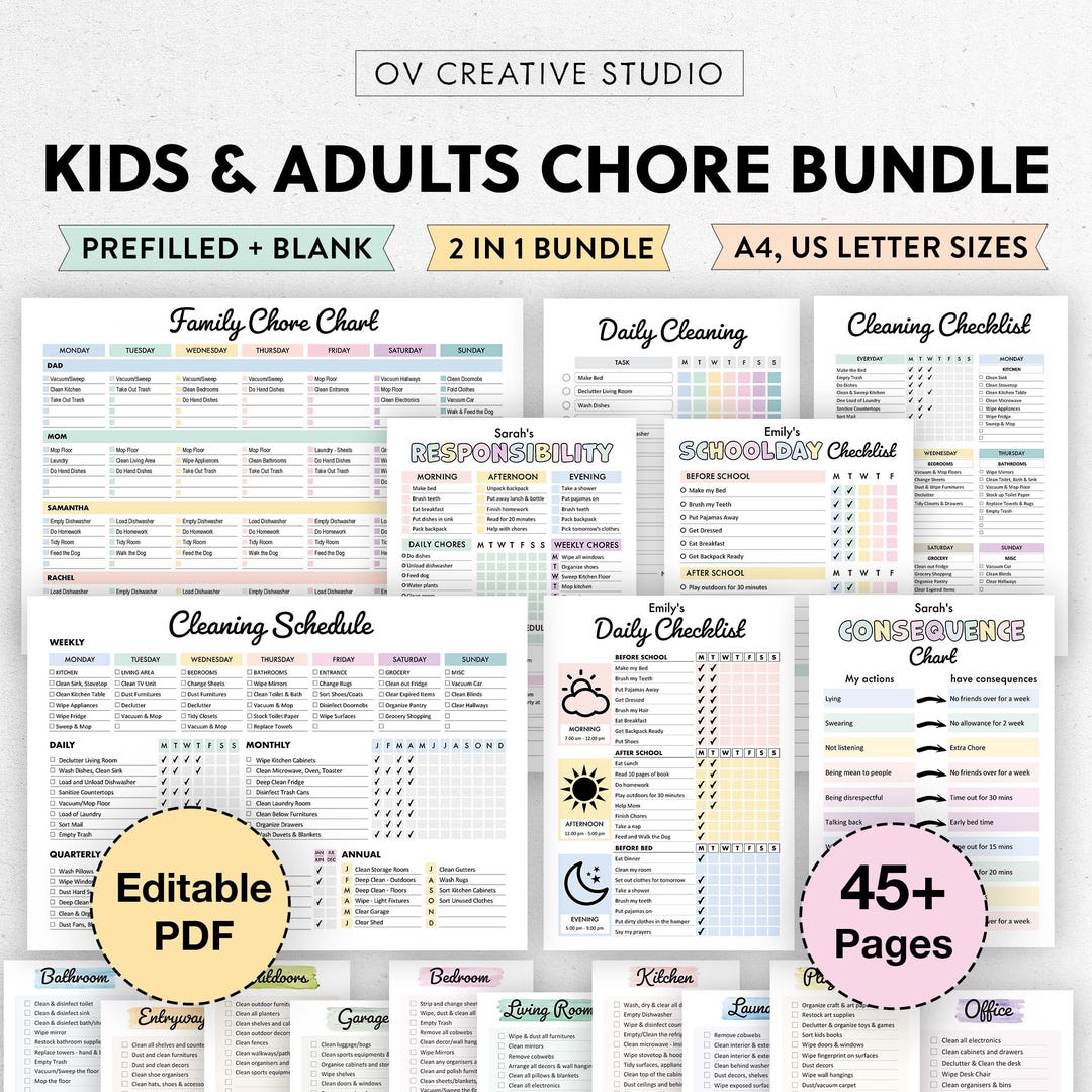 Editable Kids Chore Chart & Cleaning Schedule Bundle | Reward ...
