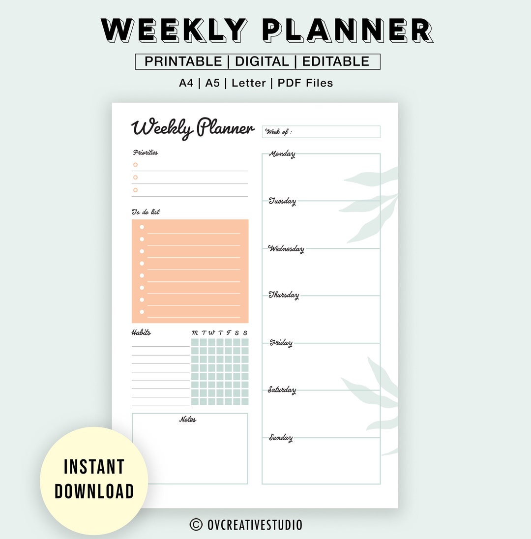 Editable Weekly Planner | Printable Vertical | to Do List | Weekly ...