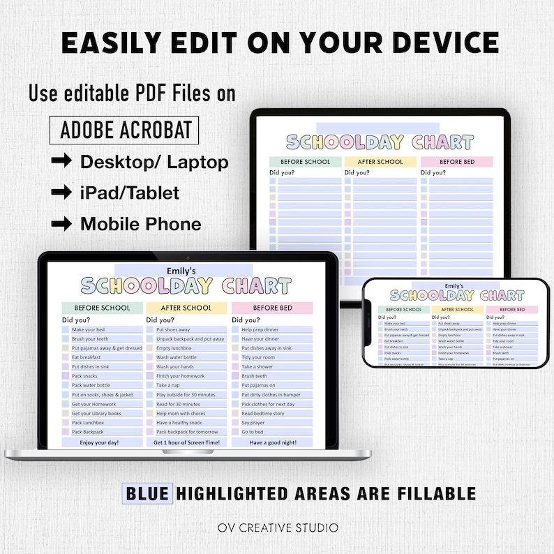 Editable Schoolday Checklist for Kids | Printable | Kids Chore Chart ...