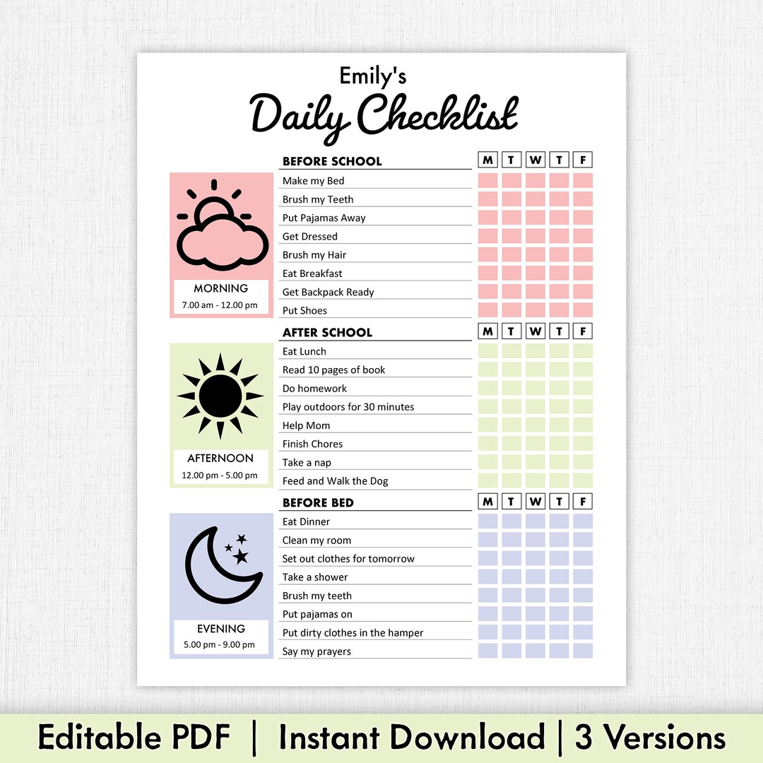 Editable Daily Checklist for Kids | Printable | Kids Responsibility ...