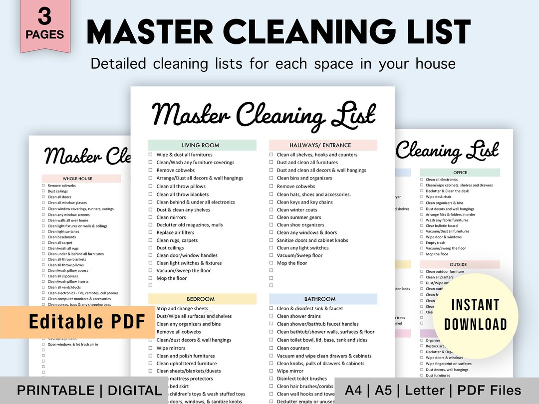 Editable Master Cleaning Checklist | Cleaning Planner | Cleaning ...