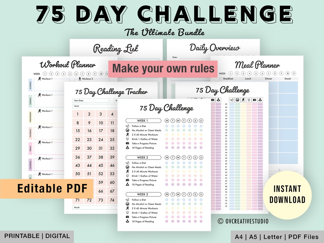 Editable 75 Day Challenge Tracker Bundle Printable Daily - Etsy