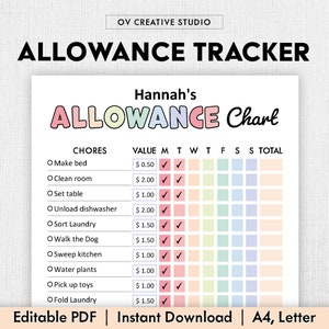 EDITABLE Allowance Tracker Kids | Earn Money Chart | Daily Weekly ...