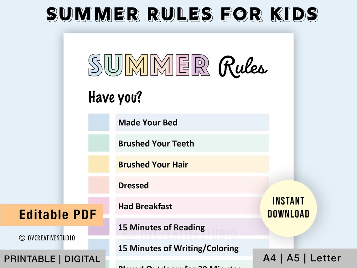 Editable Summer Rules for Kids Printable Summer Rules - Etsy