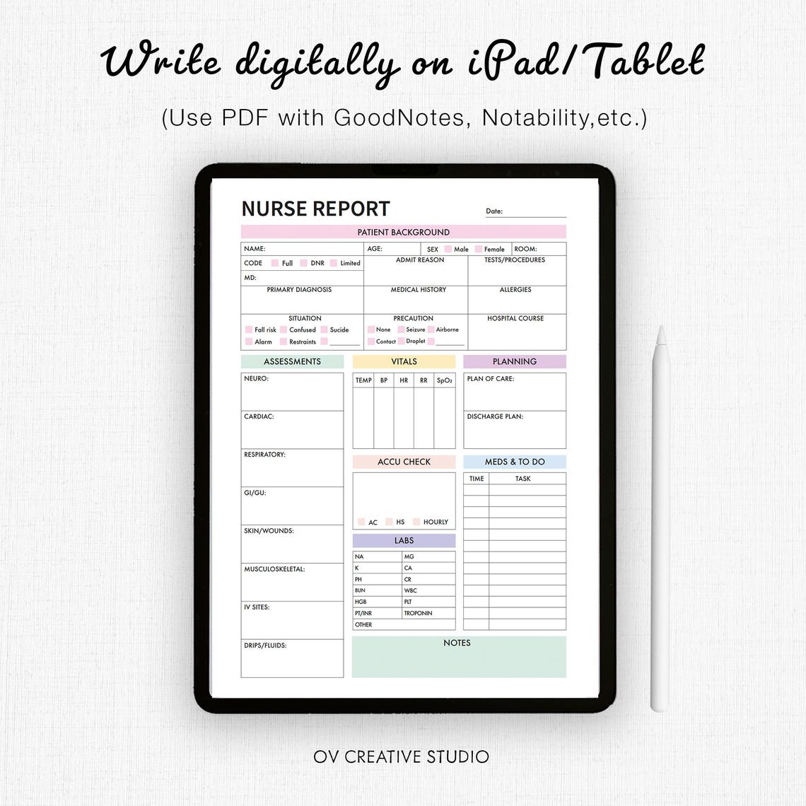 Editable Nurse Report Sheet | Printable, Digital | Nurse Brain Sheet, Single Patient Reporting ...