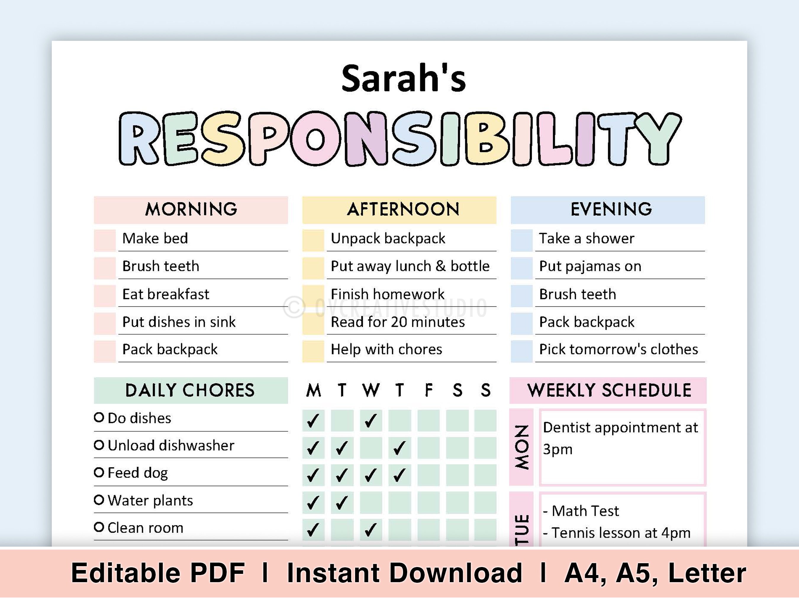 Editable Responsibility Chore Chart for Kids Printable - Etsy