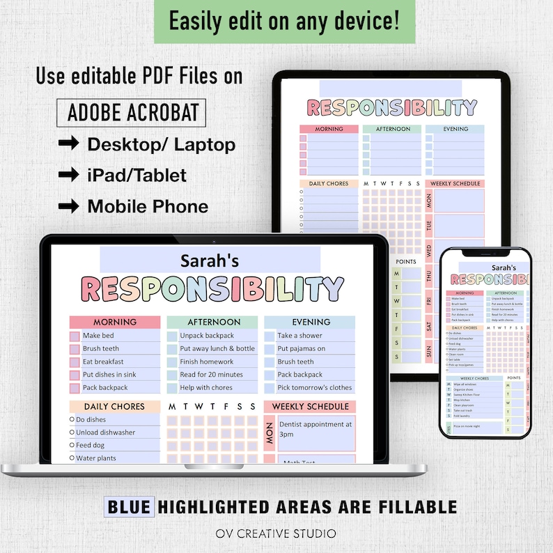 Editable Responsibility Chore Chart for Kids | Printable | Children ...