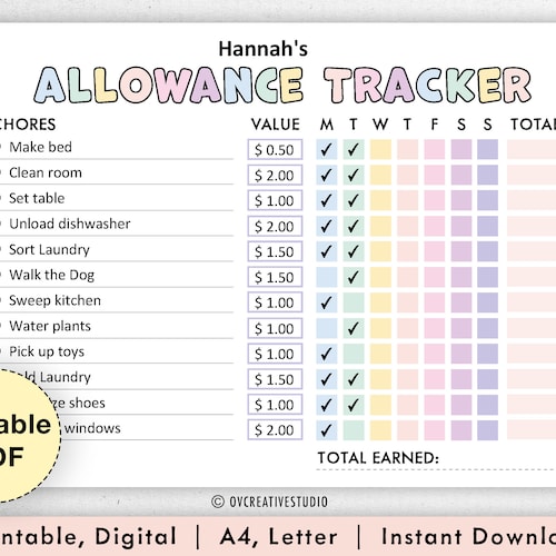 Editable Allowance Tracker Kids Earn Money Chart Daily - Etsy