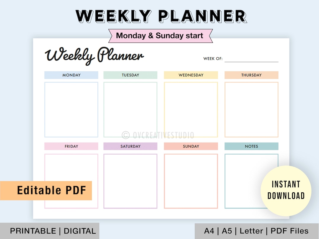 Editable Weekly Planner | Printable, Digital | Weekly Planner PDF ...