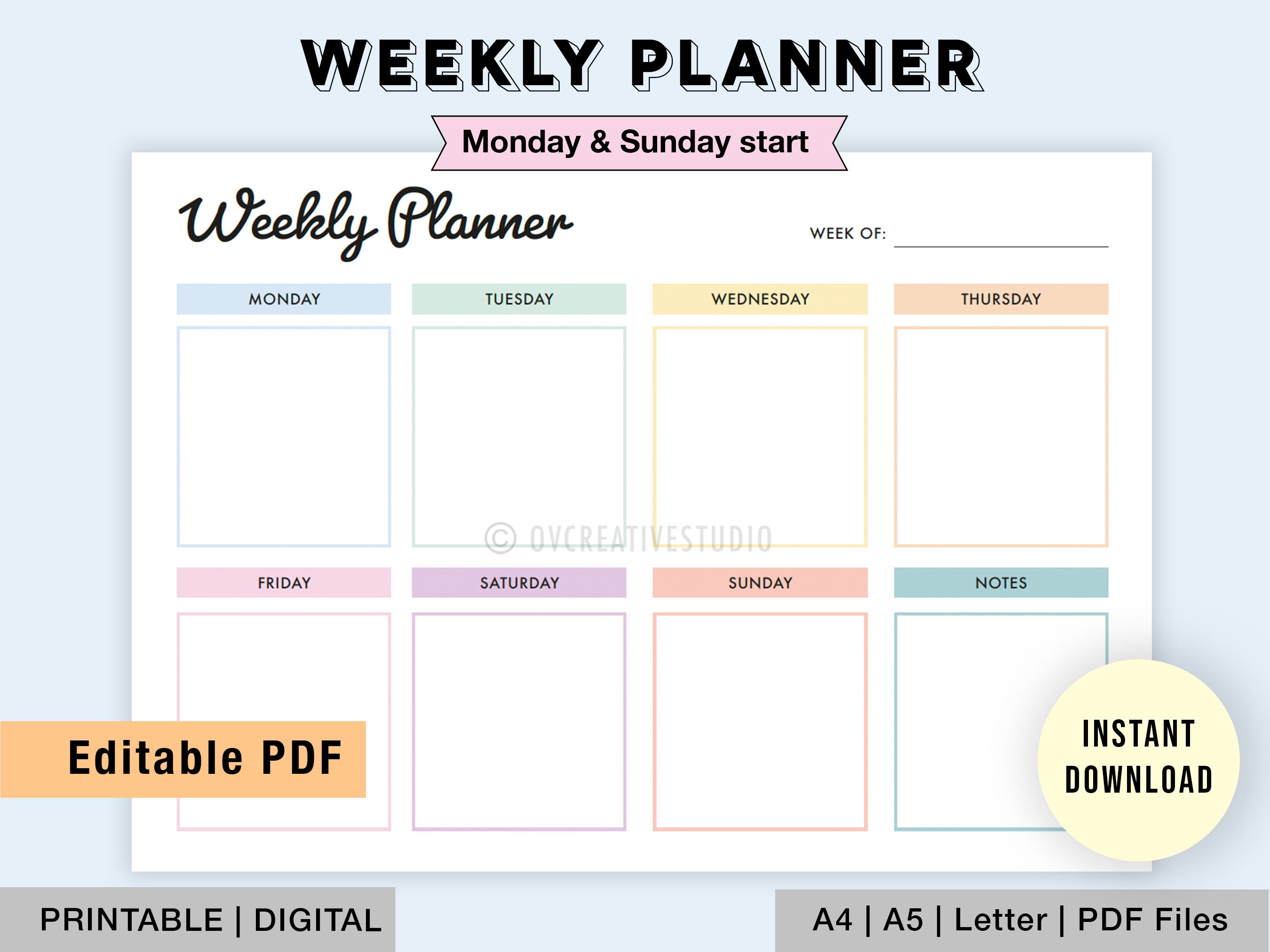 Editable Weekly Planner Printable Digital Weekly Planner - Etsy