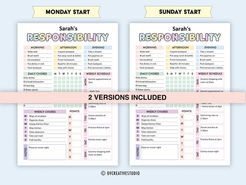 Editable Responsibility Chore Chart for Kids Printable - Etsy