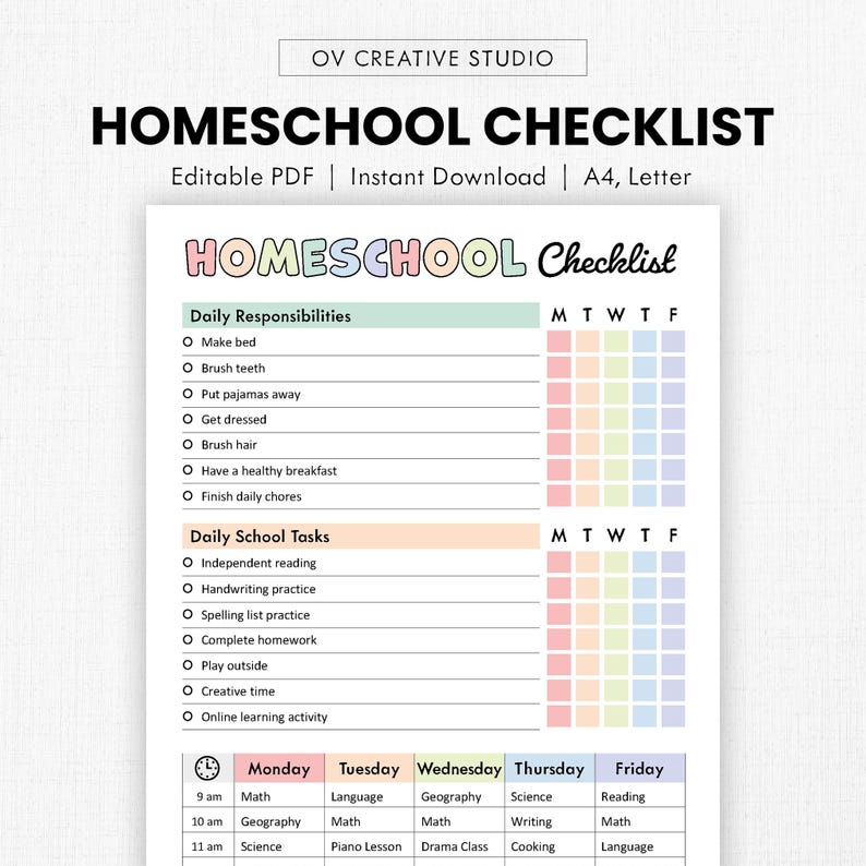 Editable Homeschool Checklist | Printable, Digital | Homeschool Planner ...