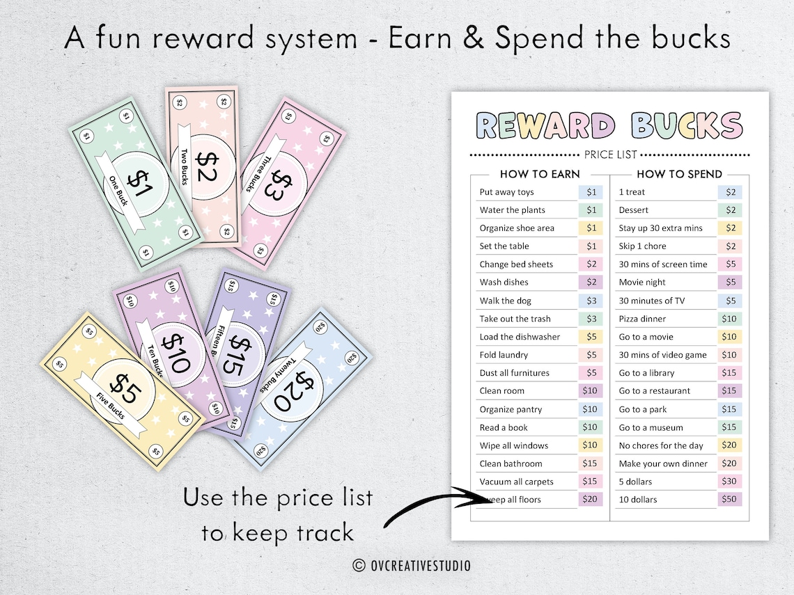 Editable Kids Reward Bucks | Printable | Mom Bucks, PDF Reward System ...