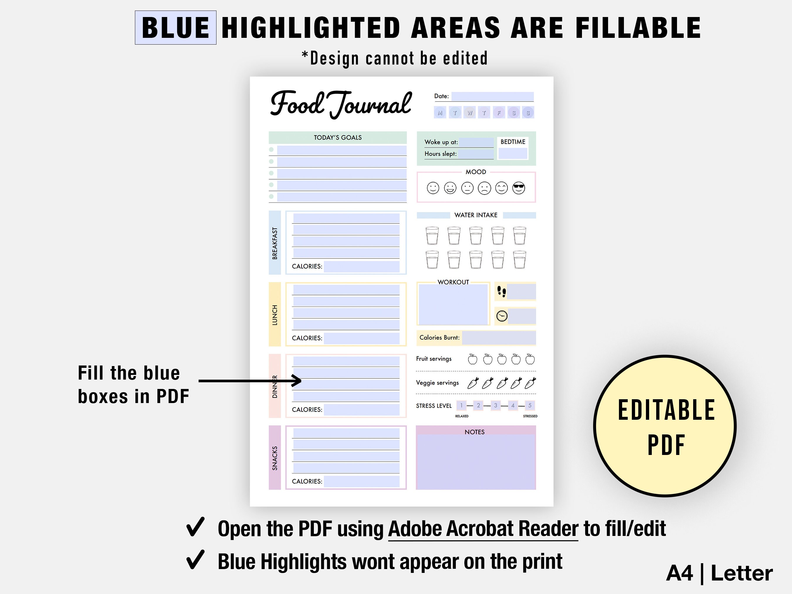 Editable Food Journal | Printable, Digital | Food Diary, Daily Food ...