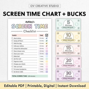 Editable Screen Time Chart, Printable Screen Reward Bucks, Reward Chart ...