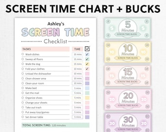Editable Screen Time Chart, Printable Screen Reward Bucks, Reward Chart ...