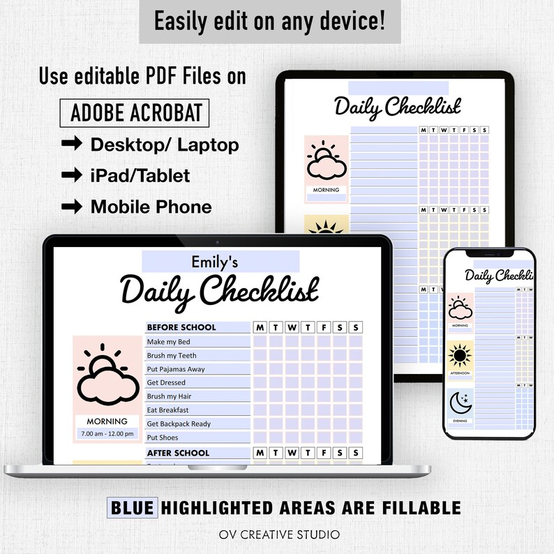 Editable Daily Checklist for Kids | Printable | Kids Responsibility ...