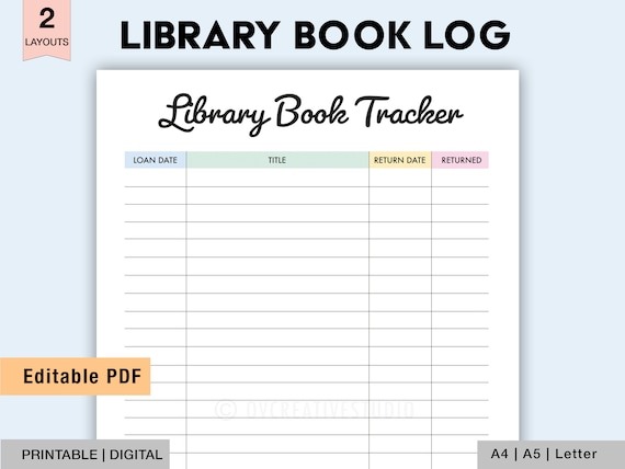 Library Book Tracker Printable Book Log Library Book - Etsy