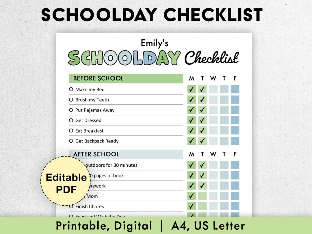 Editable Schoolday Checklist for Kids | Printable | Kids Chore Chart ...