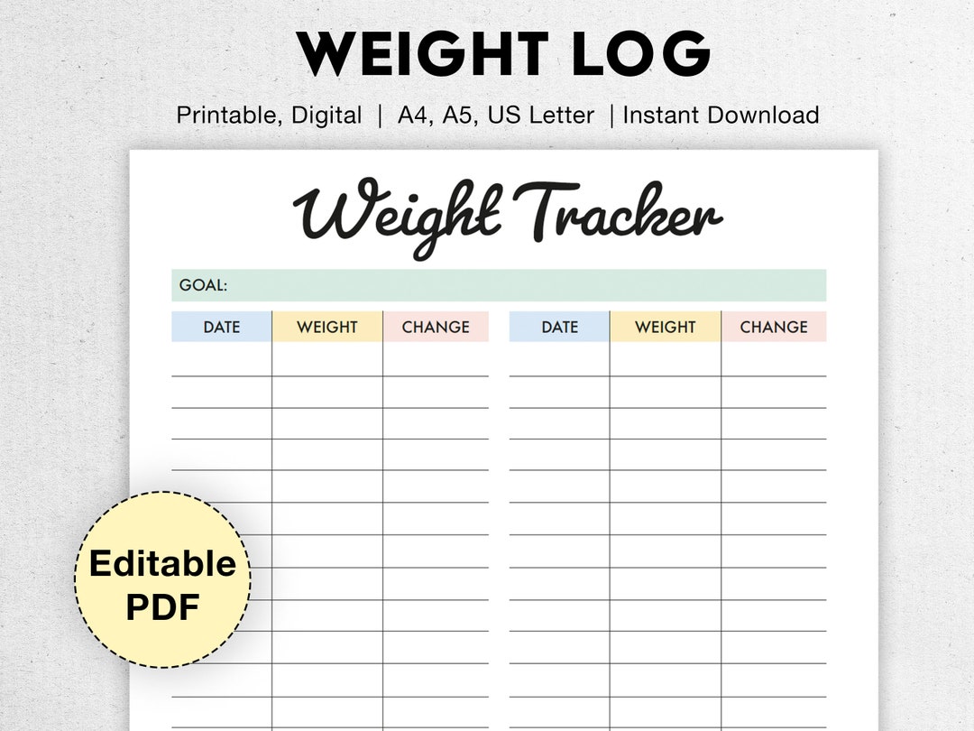 Weight Tracker | Printable, Editable | Weight Log | Weight Loss Chart ...