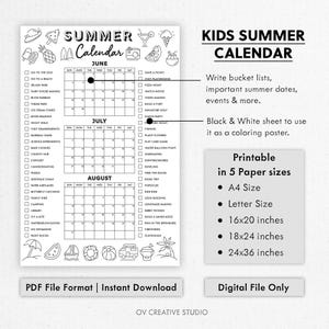 Summer Planner 2025 Kids Calendar Printable, Summer Bucket List, Summer ...