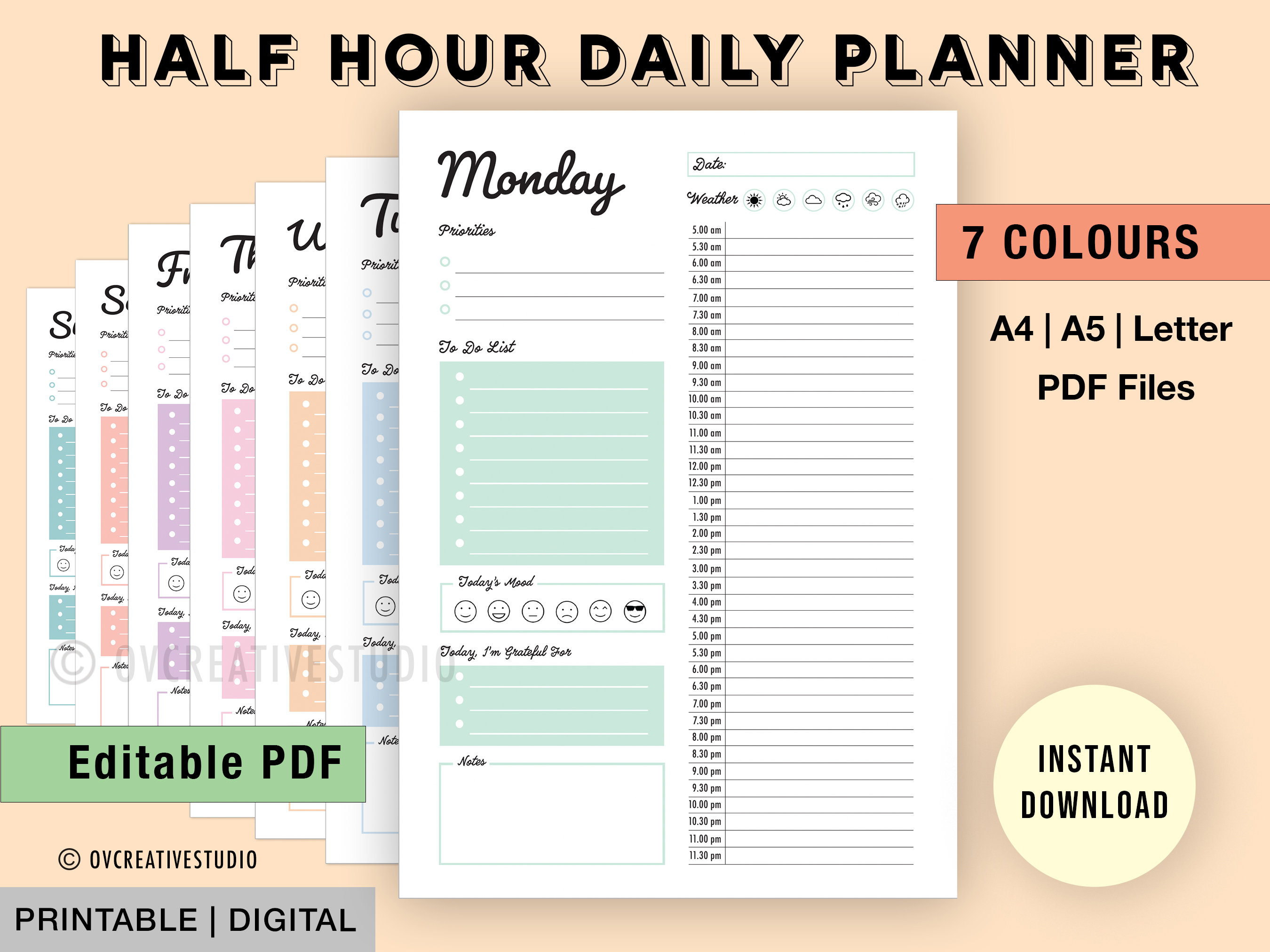 Editable Half Hour Daily Planner | Printable, Digital | to Do List ...