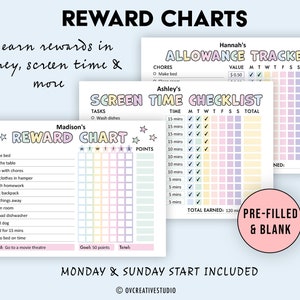 Editable Kids Chore Charts, Reward, Allowance, Screen Time, School ...