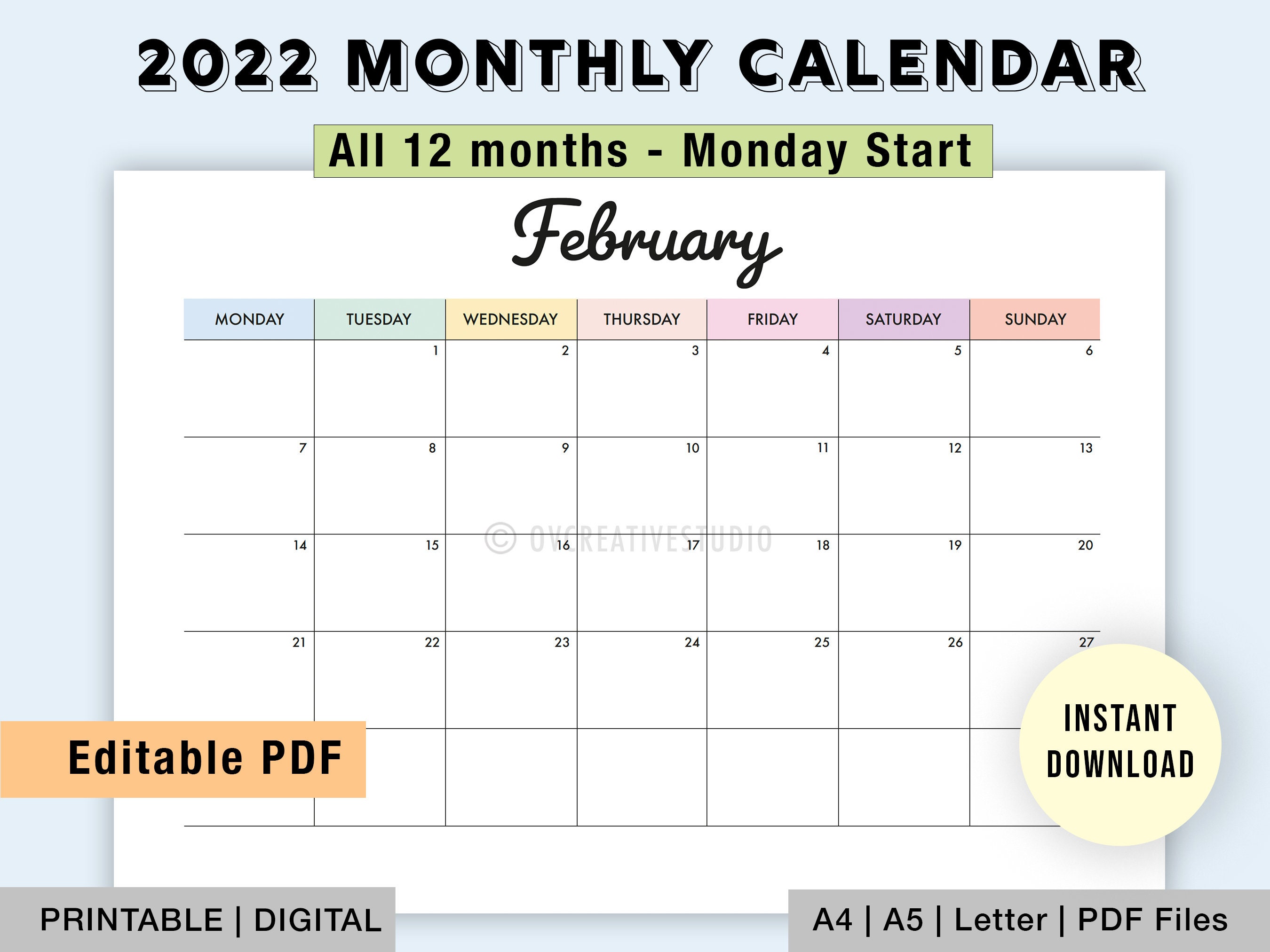 Monthly Calendar Template 2022