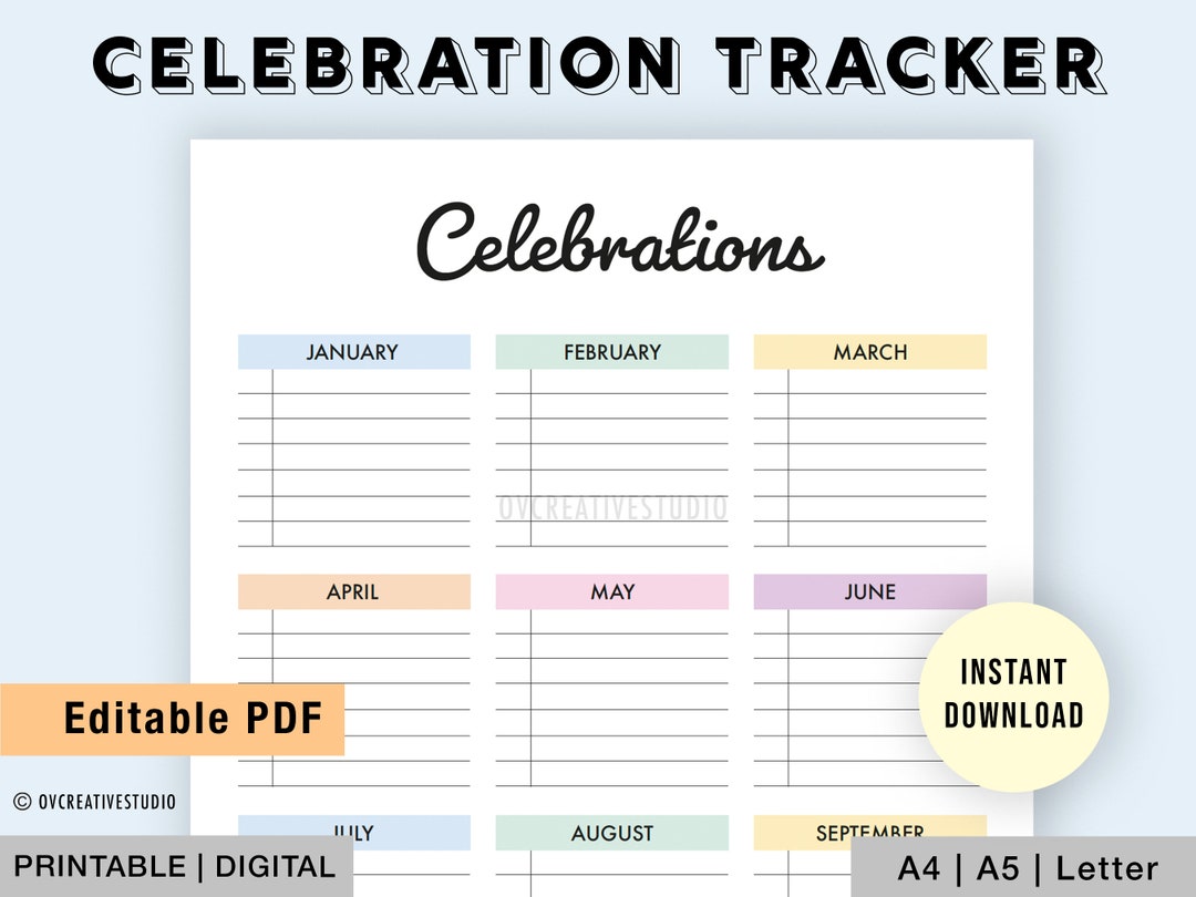 Editable Celebration Tracker | Yearly Event Tracker | Anniversary ...