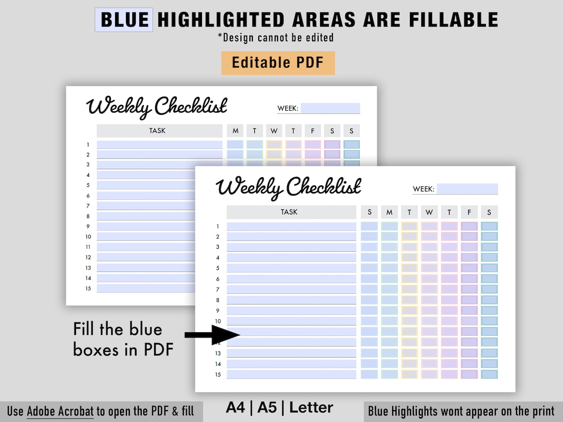 Editable Weekly Checklist Printable Weekly to Do List - Etsy