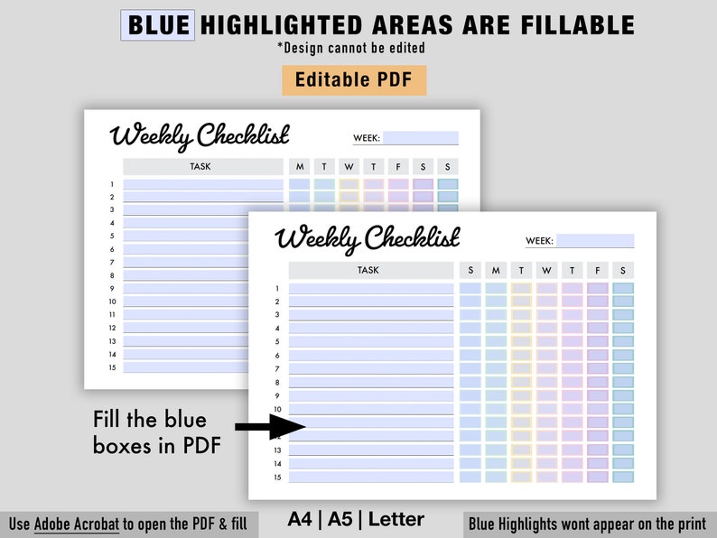 Editable Weekly Checklist Printable Weekly to Do List - Etsy