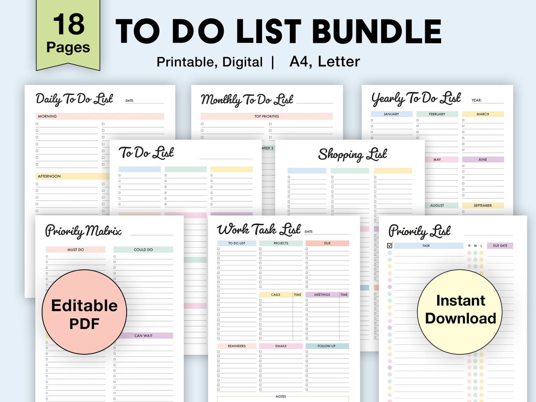 Editable to Do List Template Bundle | Daily, Weekly to Do List Planner ...