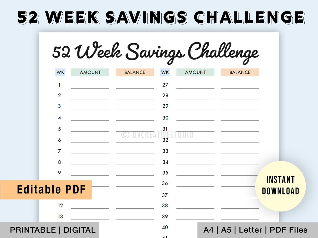 Editable 52 Week Savings Challenge | Printable | Savings Tracker ...