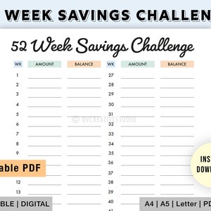 Editable 52 Week Savings Challenge | Printable | Savings Tracker ...