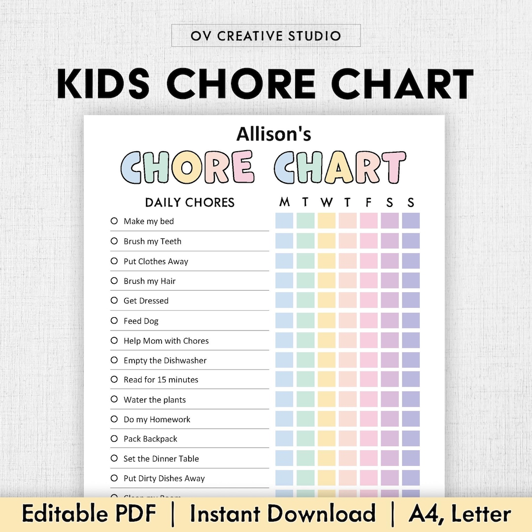 Editable Chore Chart for Kids | Printable | Kids Daily Weekly ...