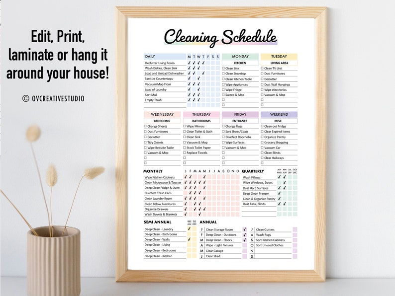 EDITABLE Cleaning Schedule, Printable, Weekly, Monthly, Yearly Cleaning ...