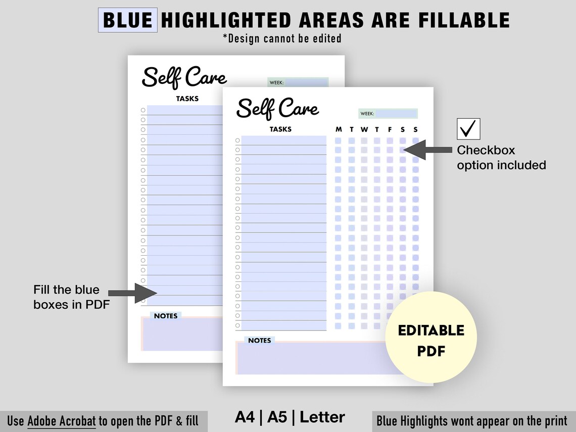 Editable Self Care Checklist | Printable, Digital PDF | Weekly Self ...