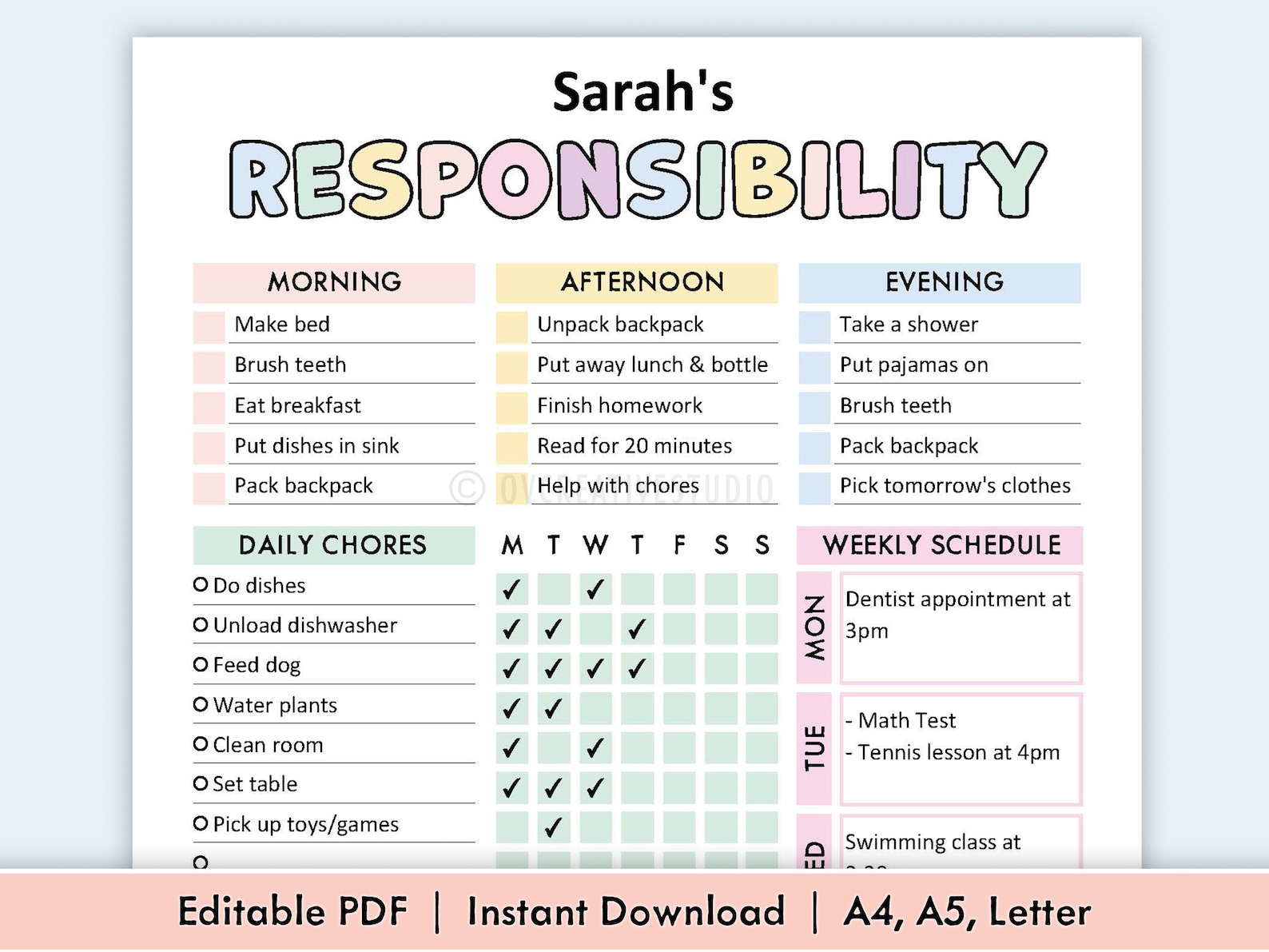 Editable Responsibility Chore Chart for Kids Printable Kids Daily ...