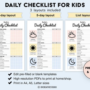 Editable Daily Checklist for Kids Printable Kids Responsibility Chart ...