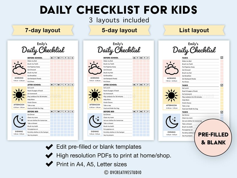 Editable Daily Checklist for Kids Printable Kids - Etsy