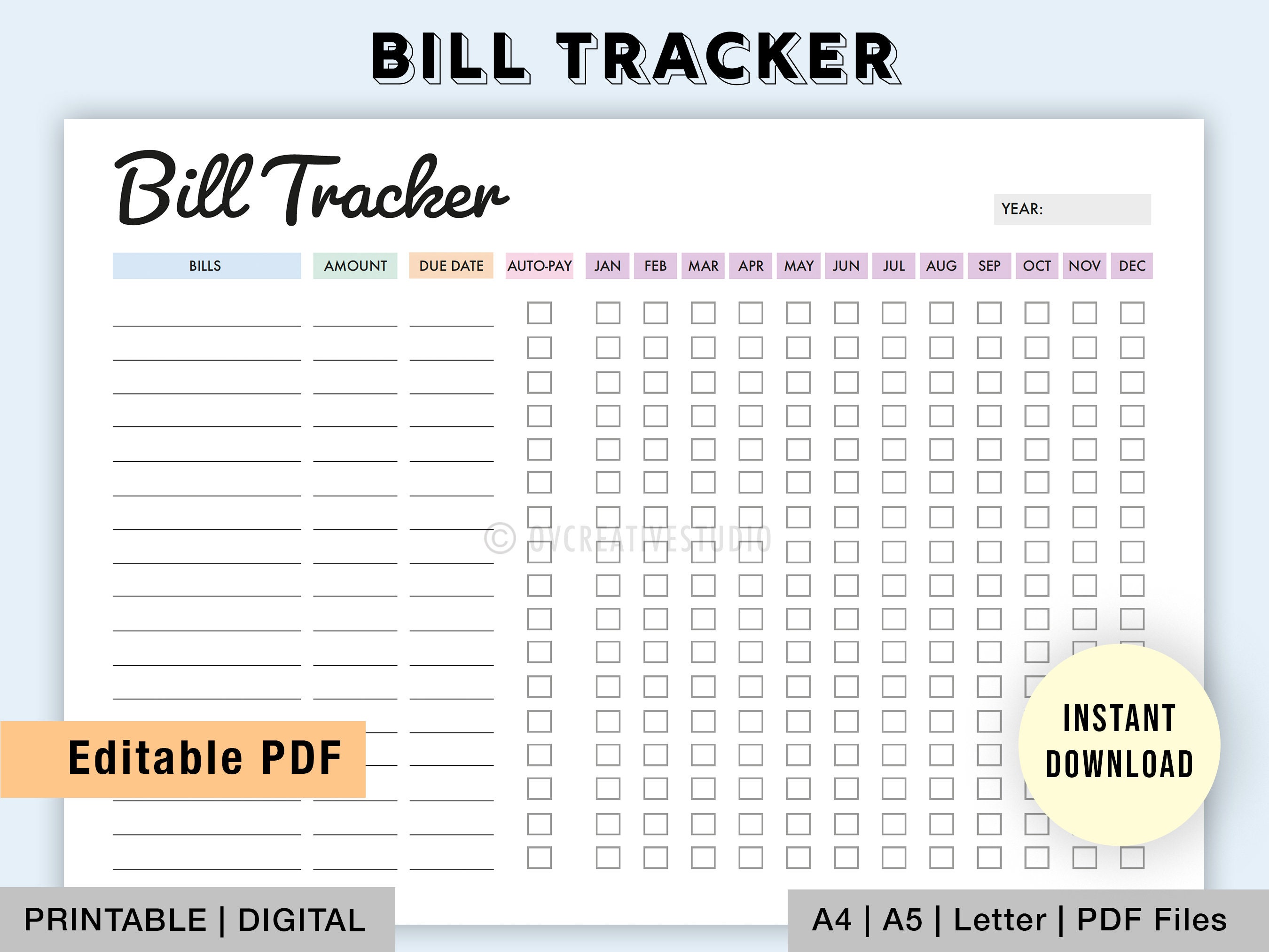 Editable Bill Tracker Yearly Bill Tracker Monthly Bill - Etsy