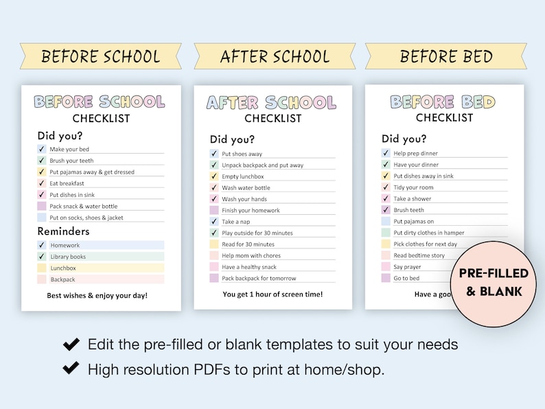 Editable Schoolday Checklist for Kids | Printable | Kids Chore Chart ...