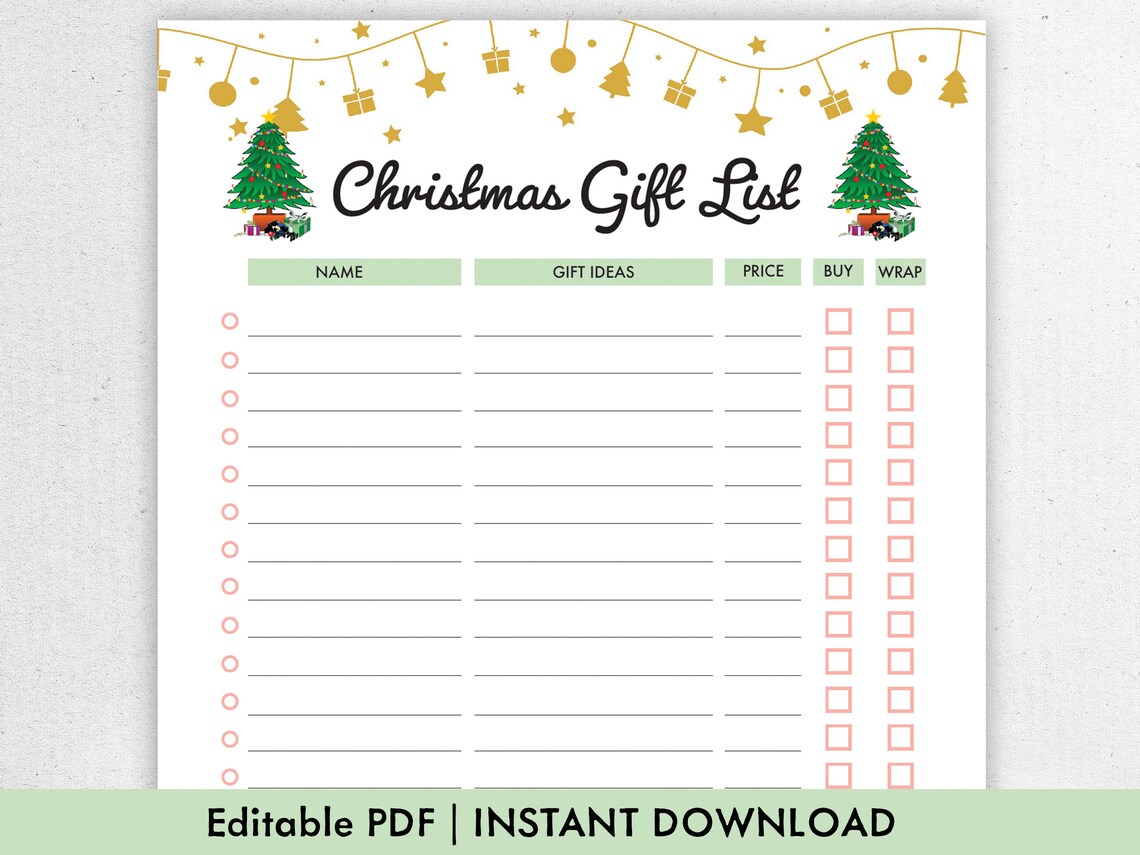 Christmas Gift List Printable | Fillable | Editable PDF | Christmas ...