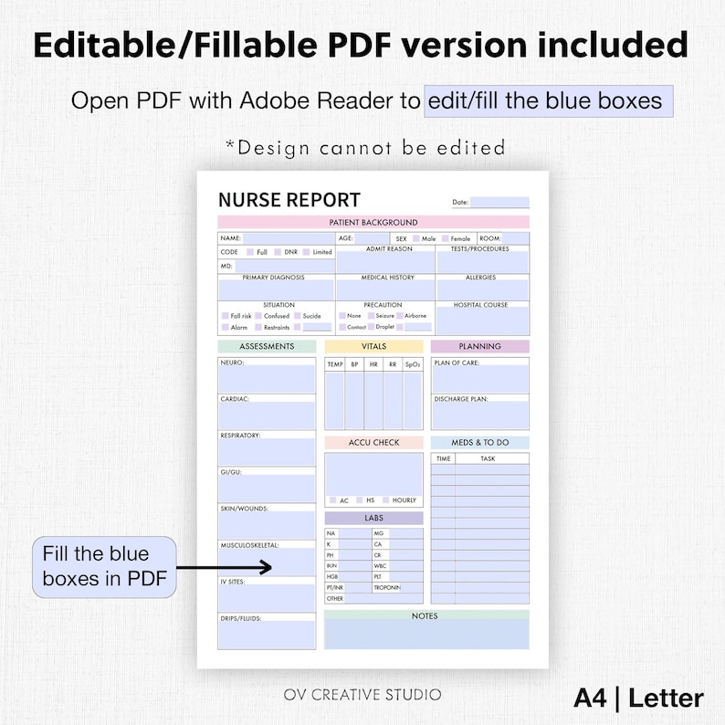 Editable Nurse Report Sheet | Printable, Digital | Nurse Brain Sheet ...