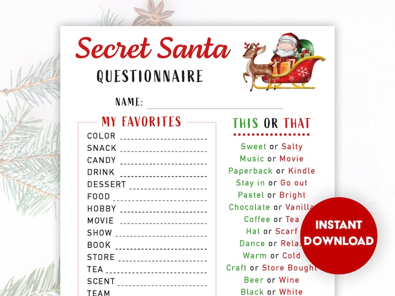 Secret Santa Questionnaire Printable Digital Instant - Etsy