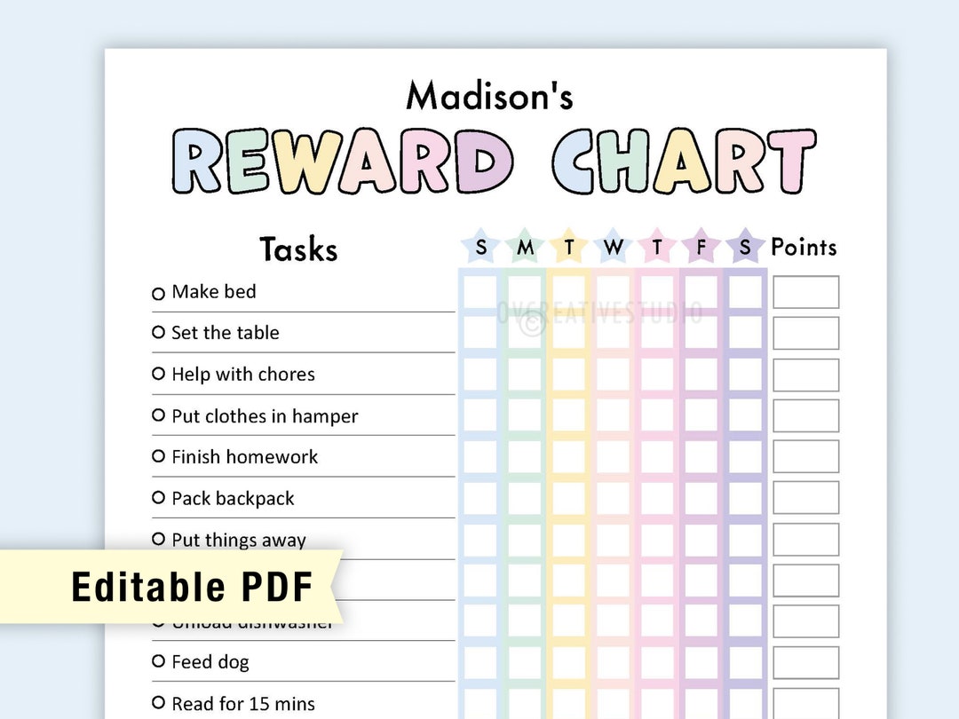 Reward Chart for Kids | Printable, Editable, Digital PDF | Weekly Chore ...
