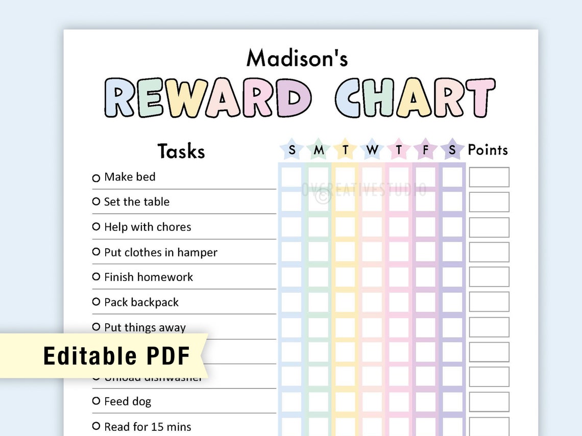 Reward Chart for Kids Printable Editable Digital PDF - Etsy UK