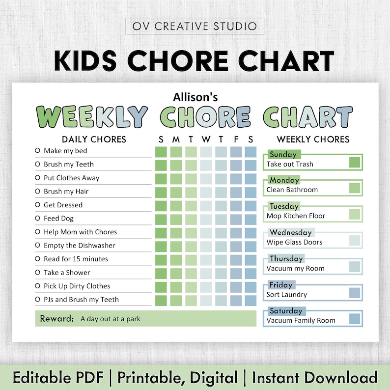 Editable Chore Chart for Kids | Printable | Kids Daily Weekly ...