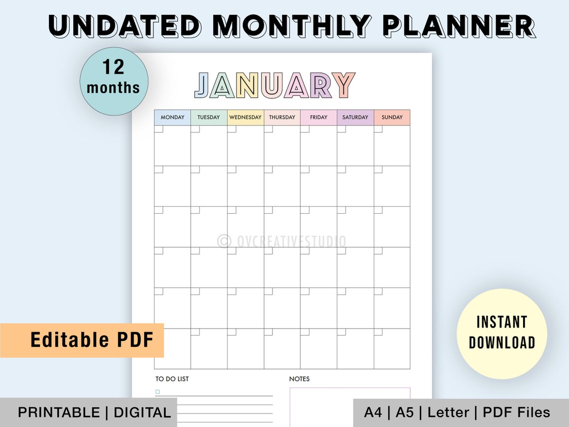 Editable Undated Monthly Calendar Vertical Printable - Etsy